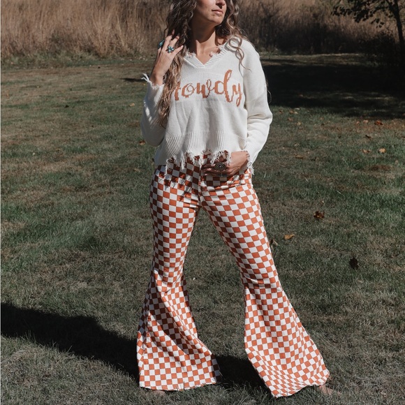 Jeans | Checker Denim Stretchy High Waist Boho Bell Bottom Flare Jeans ...